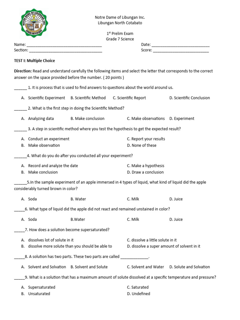 G7-Prelim Exam | PDF | Solubility | Mixture