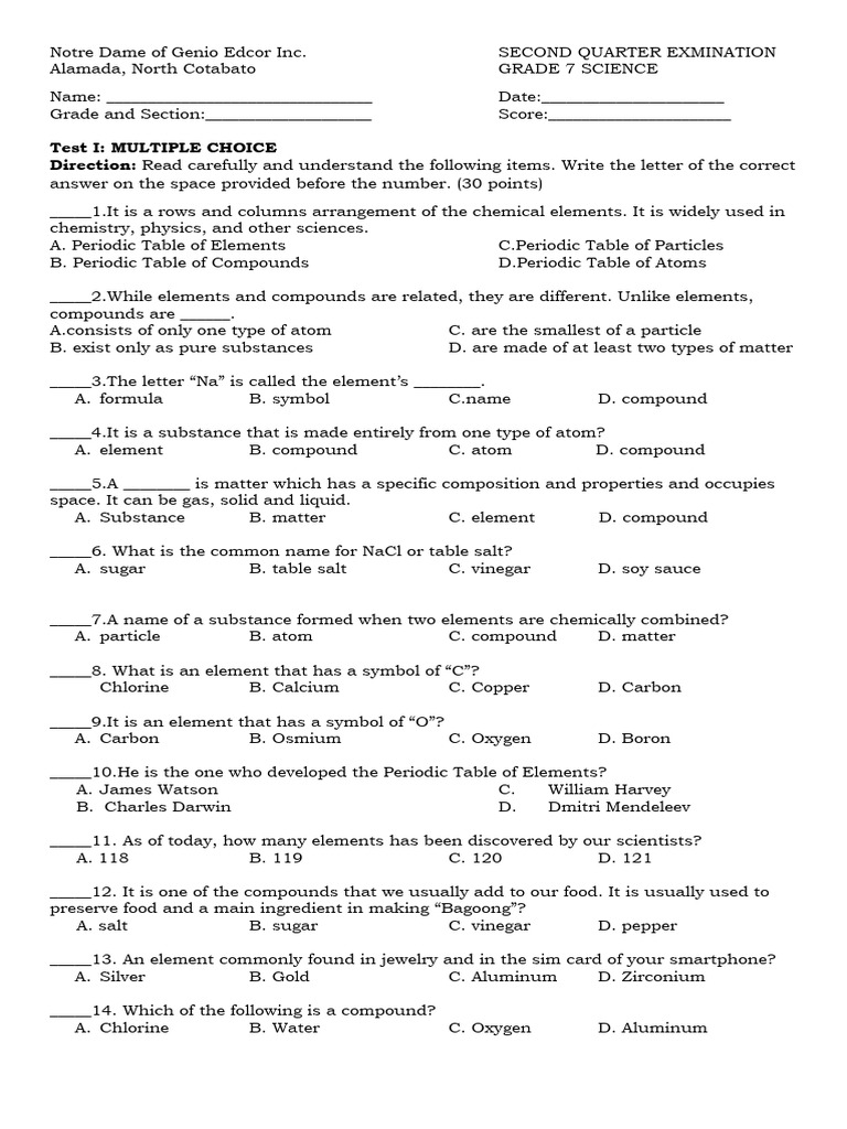 2nd Quarter Examination - 7 | PDF | Science & Mathematics