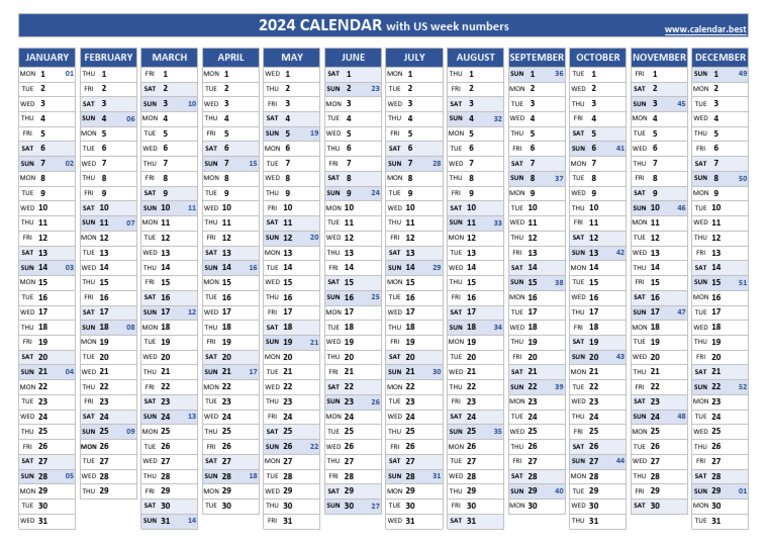 2024 Yearly Calendar With Us Week Numbers | PDF
