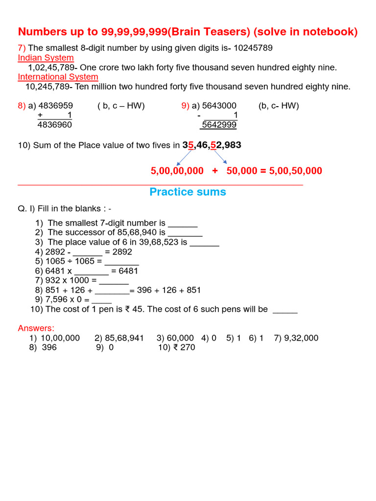 Brain Teasers Numbers Uoto 99,99,99,999 | PDF | Teaching Methods ...