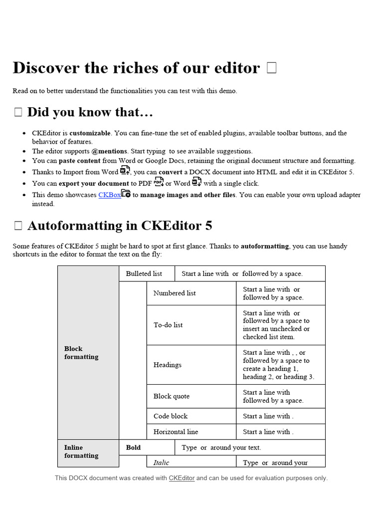 CKEditor 5 Demo: Features & Shortcuts | PDF