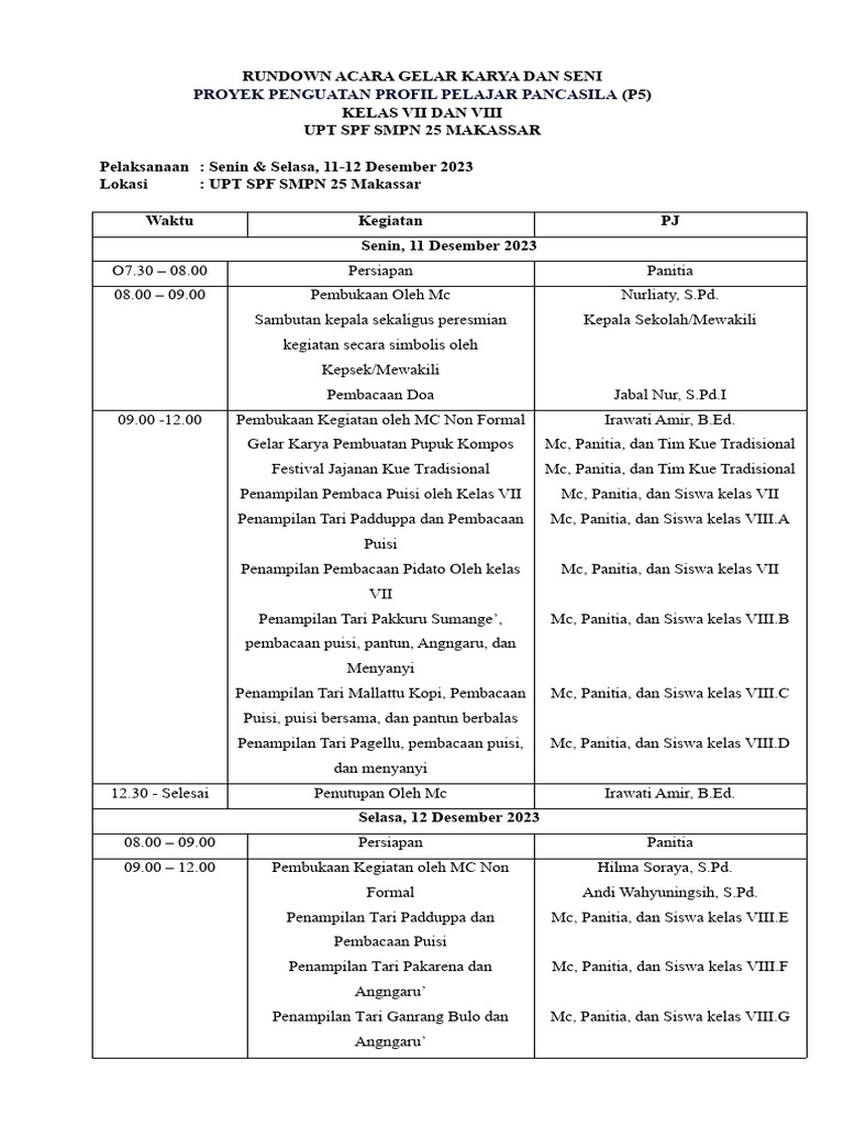 Rundown Acara Pentas Seni Dan Gelar Karya p5 | PDF