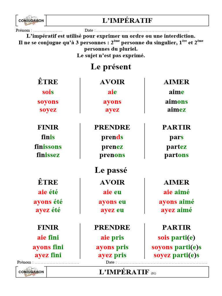 Conjugaison de l'Impératif Présent | PDF | Verbe | Nombre grammatical