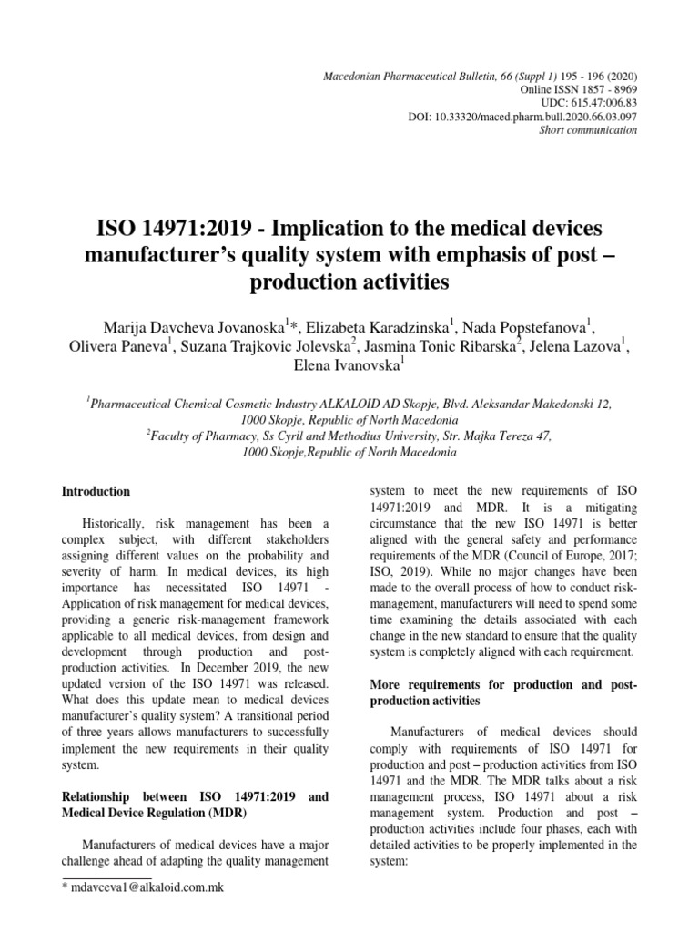 ISO 14971 2019 Implication To The Medica | PDF