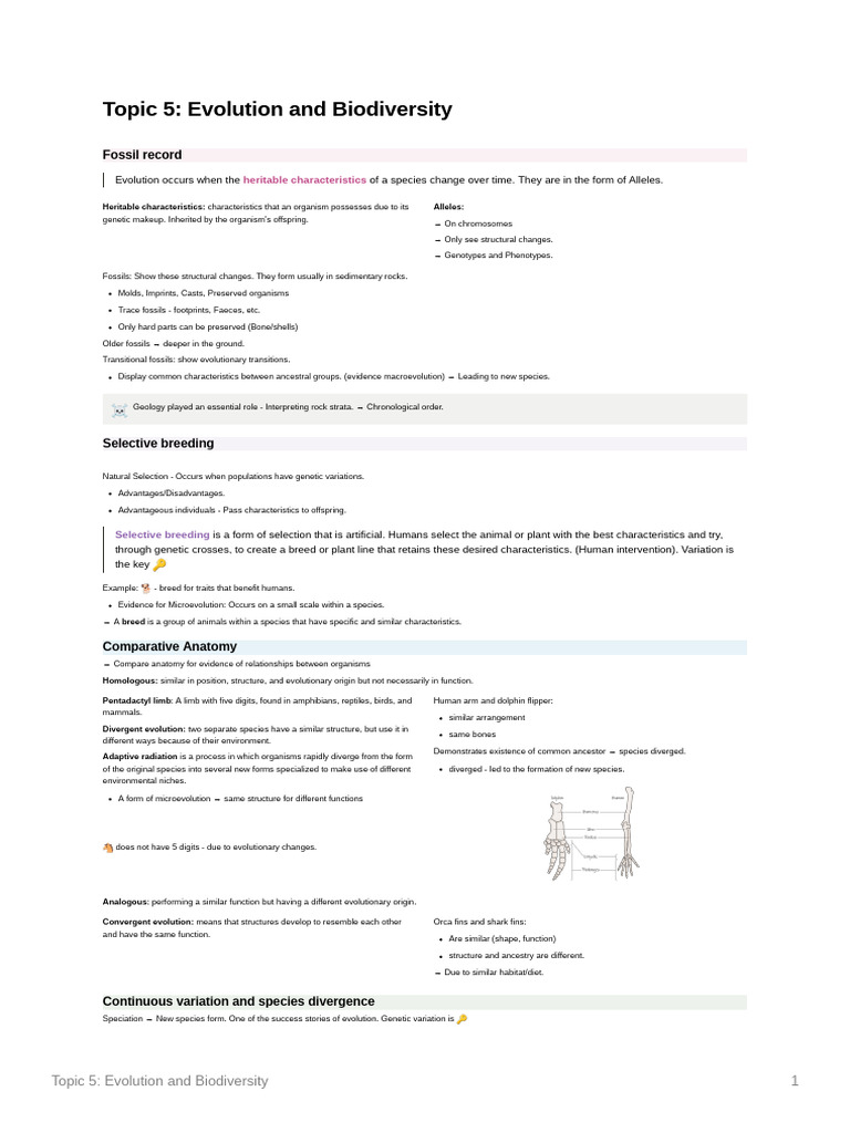 Notes Topic 5 - Evolution and Biodiversity | PDF