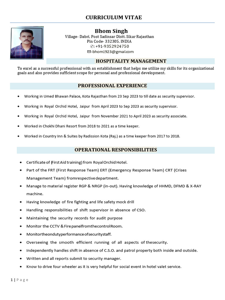 Curriculum Vitae Bhom Singh: Hospitality Management | PDF