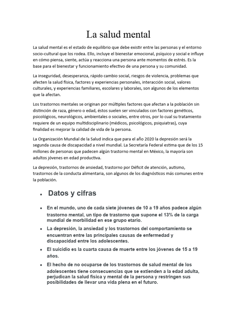 La Salud Mental | PDF | Salud mental | Trastorno mental