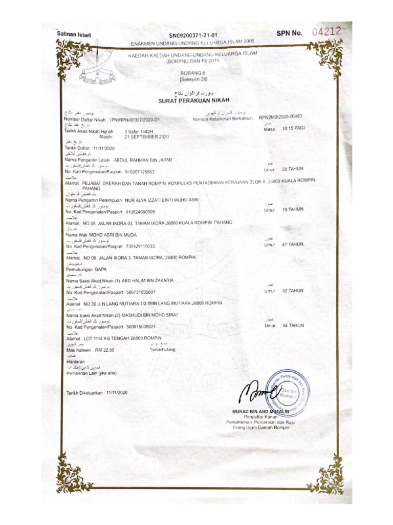 Sijil Nikah Ibu & Babah | PDF