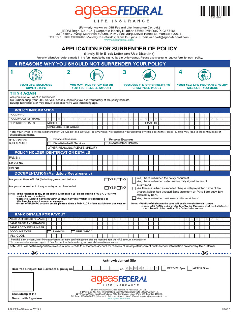 Application For Surrender | PDF | Business | Finance & Money Management