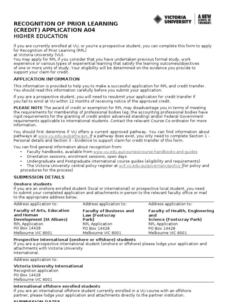 A04 Recognition of Prior Learning Credit Application Sample | PDF ...