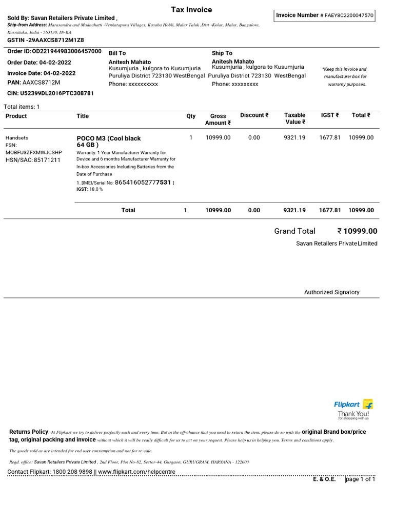 Invoice for Flipkart Purchase | PDF