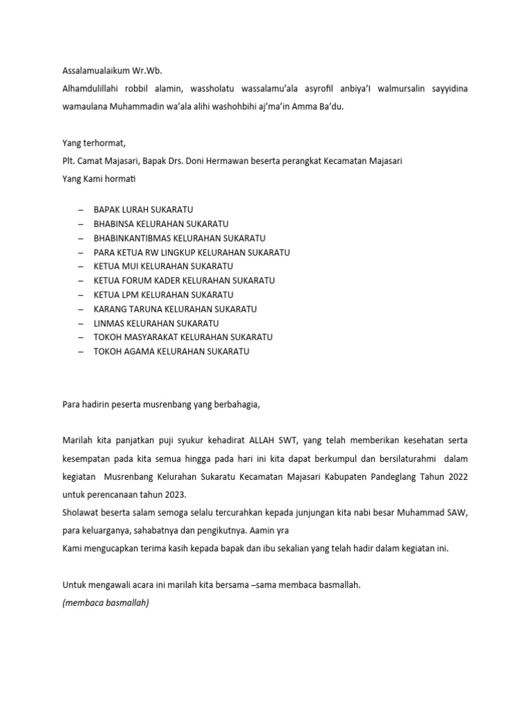 Teks MC Musrenbang Desa Sukaratu | PDF