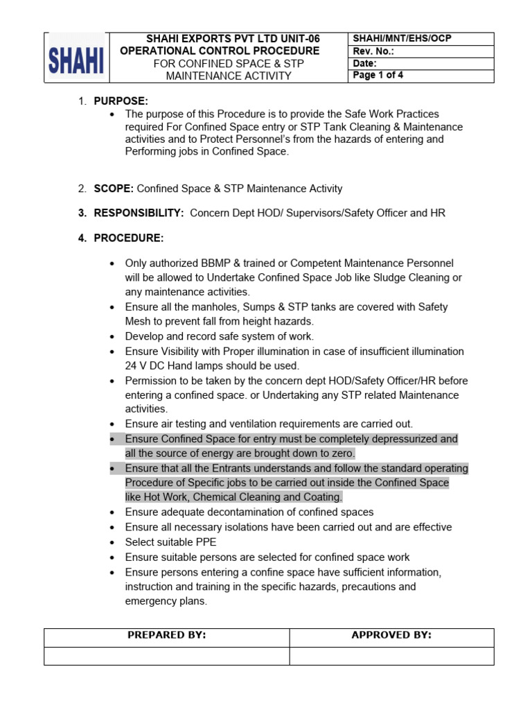 OCP for Confined Space Safety Procedures | PDF | Gases | Occupational ...
