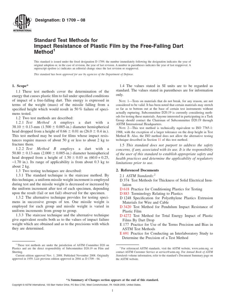 ASTM D 1709-08 STM For Impact Resistance of Plastic Film by The Free ...