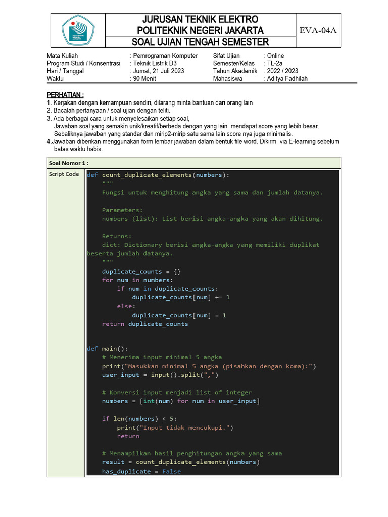 Form Jawaban UAS Pemrograman Komputer TL-2a SMST Genap2223 Aditya Fadhilah 2203311085 | PDF