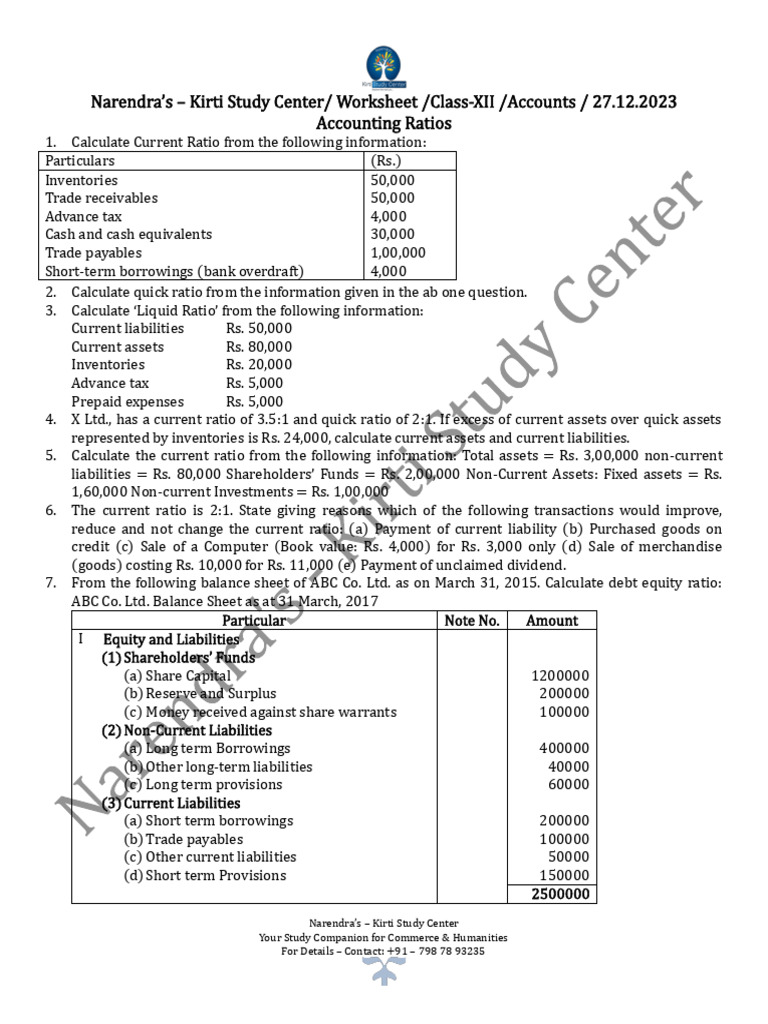 Worksheet Class-XII Accounts 27.12.2023 | PDF | Equity (Finance ...
