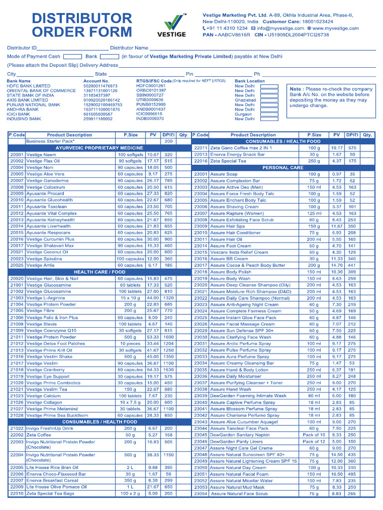 Vestige Order Form | PDF