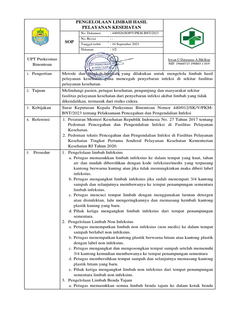 5.5.3.a. 4. SOP Pengelolaan Limbah Hasil Pelayanan Kesehatan | PDF