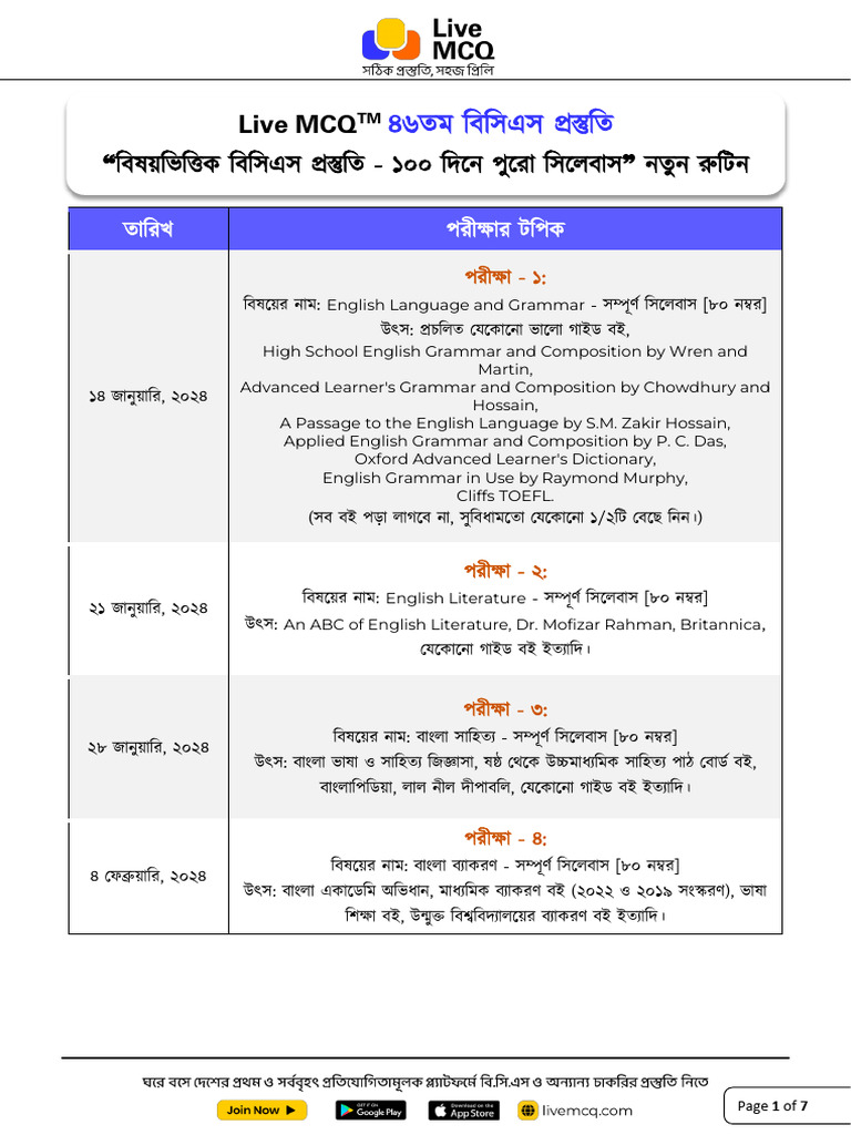 46th BCS Preparation - 100 Days | PDF