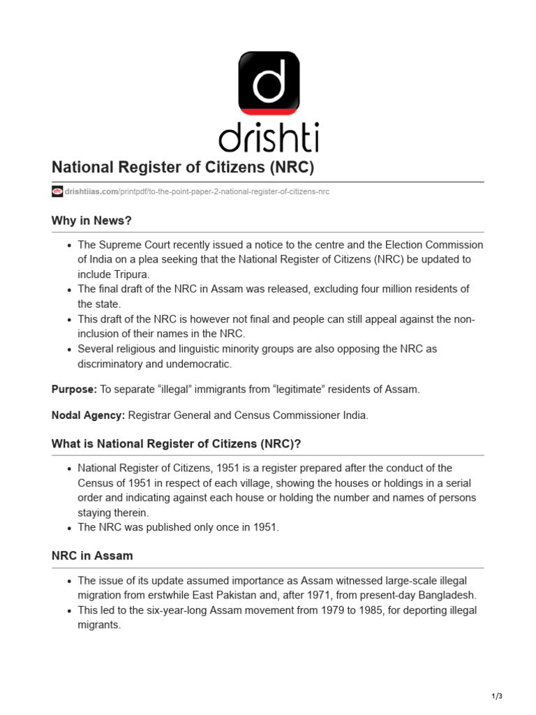 To The Point Paper 2 National Register of Citizens NRC | PDF ...
