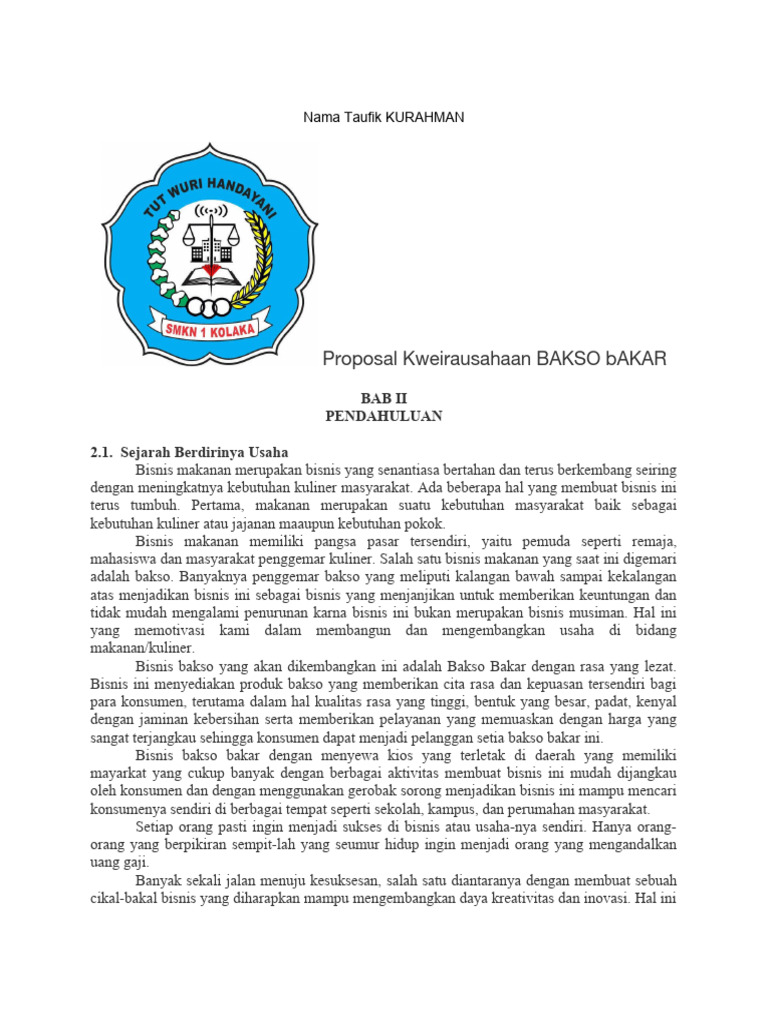 Proposal Usaha Bakso Bakar | PDF | Memasak, Makanan, & Anggur