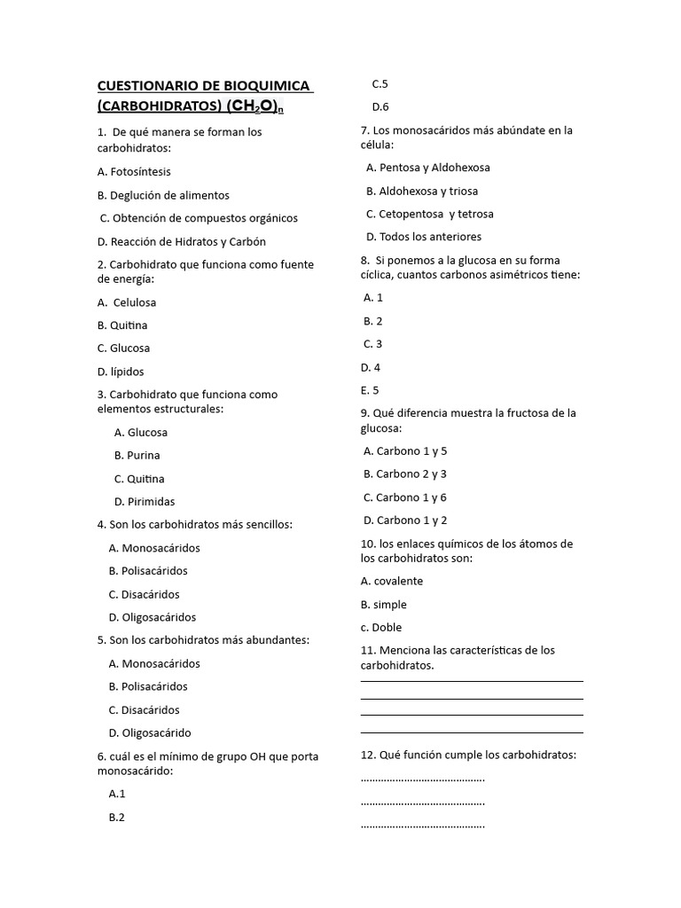 CUESTIONARIO DE BIOQUIMICA - Carbohidratos | PDF | Carbohidratos | Glucosa