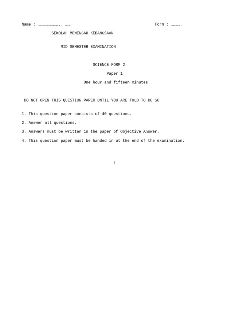 Science Form 2 Paper 1 Exam Question | PDF | Skin | Rainforest