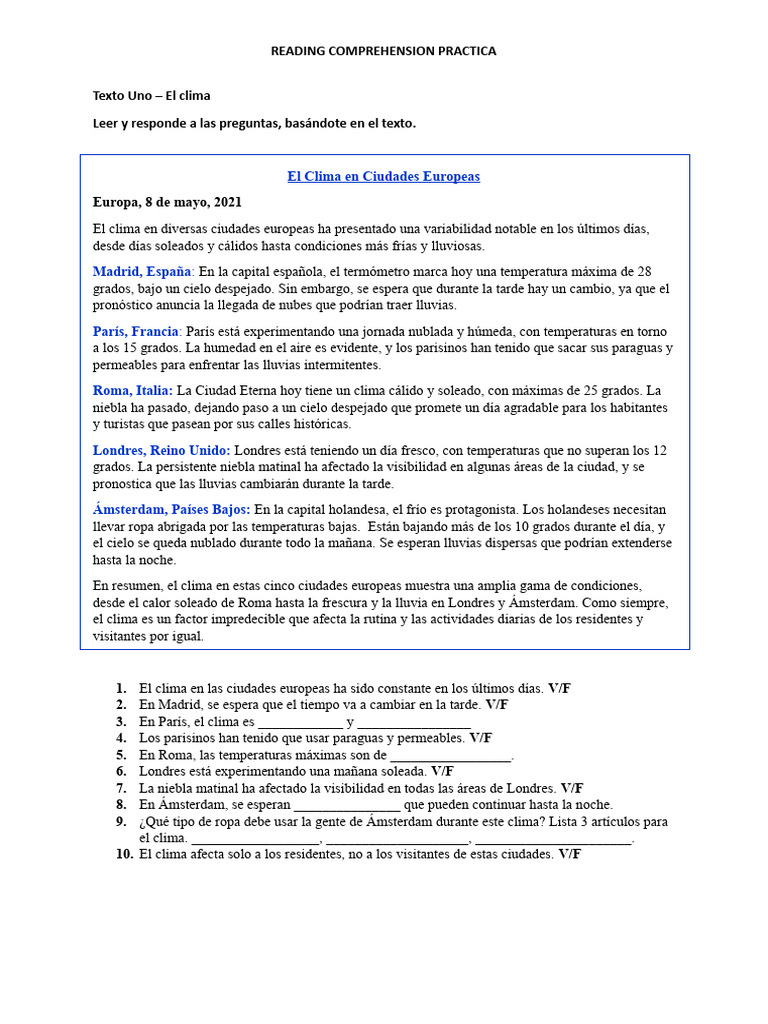 Reading Comp - Practice Holiday | PDF | Estudios de idiomas extranjeros ...