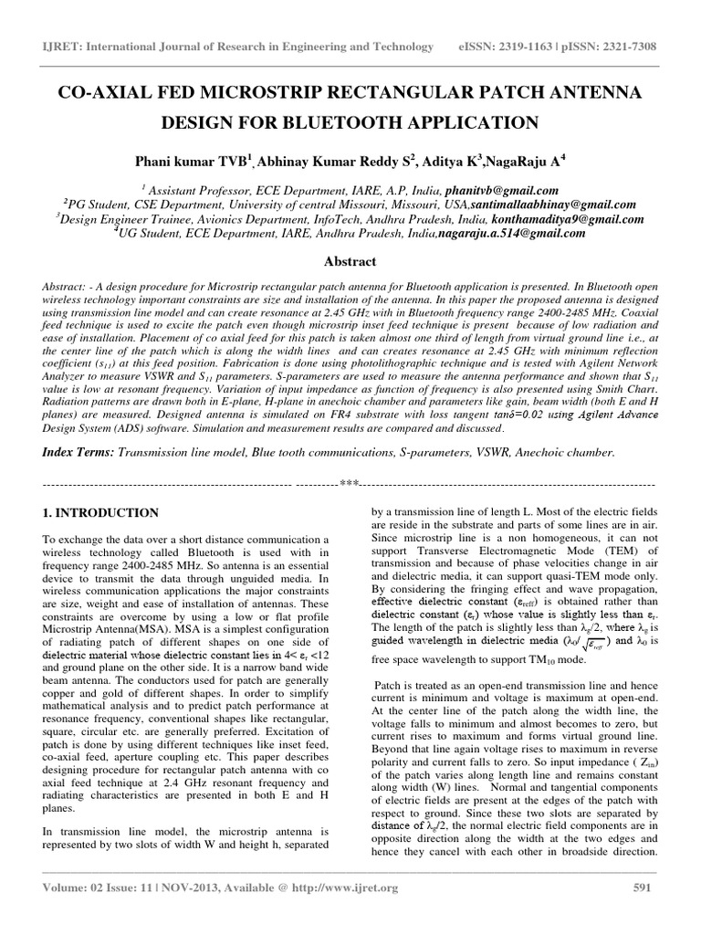 Co Axial Fed Microstrip Rectangular Patc Pdf Transmission Medium Antenna Radio