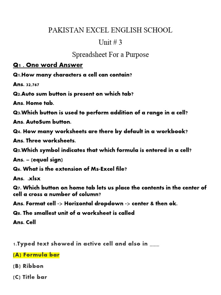 Unit - 3, Spreadsheet For A Purpose 2 | PDF | Microsoft Excel | Spreadsheet