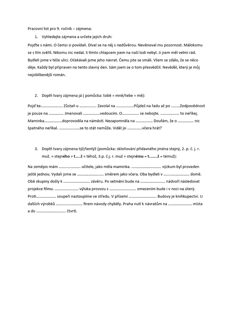 Pracovni List Zajmena | PDF