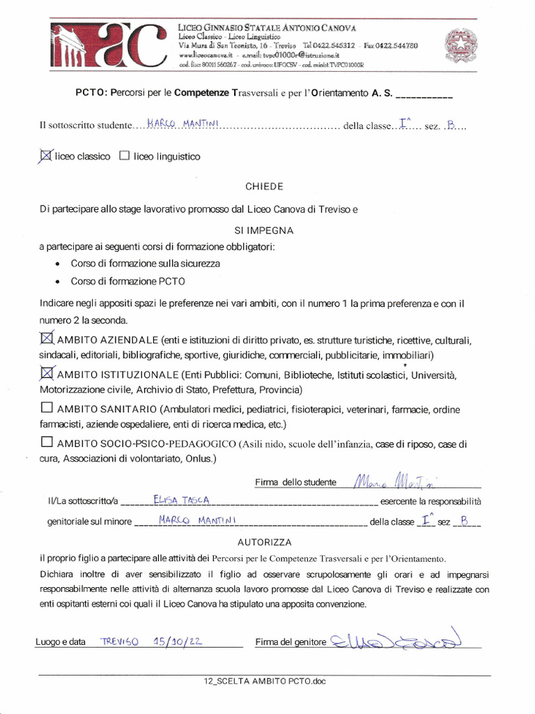 Mantini Marco IB Scelta Ambito PCTO | PDF