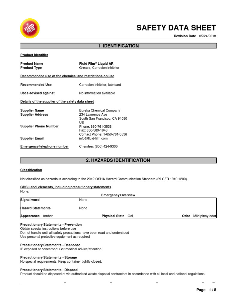 Fluid Film Liquid AR SDS - AR | PDF | Dangerous Goods | Superfund