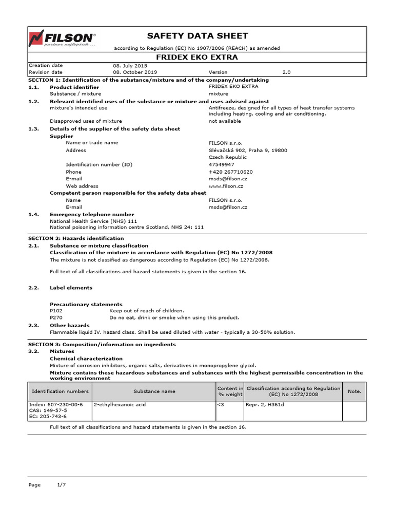 Fridex Eko Extra 8.10.19 SDS | PDF | Waste | Toxicity