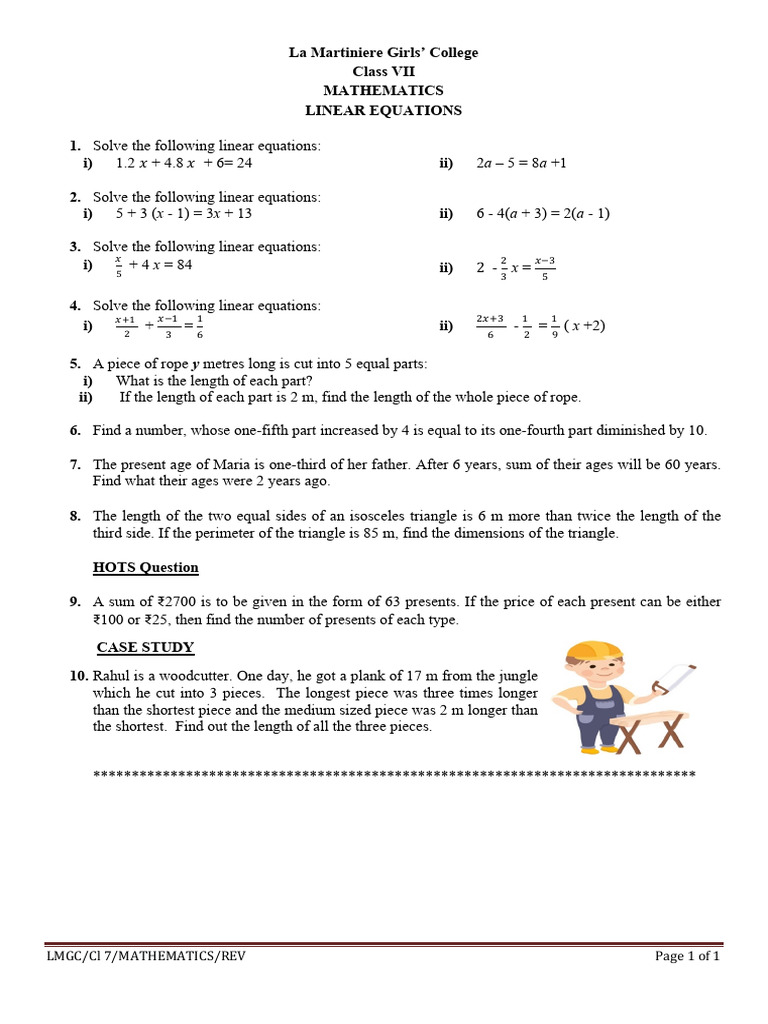 Class 7 Math: Linear Equations | PDF | Length | Equations
