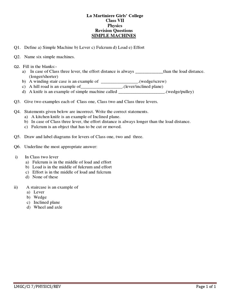 Simple Machines Revision Questions | PDF