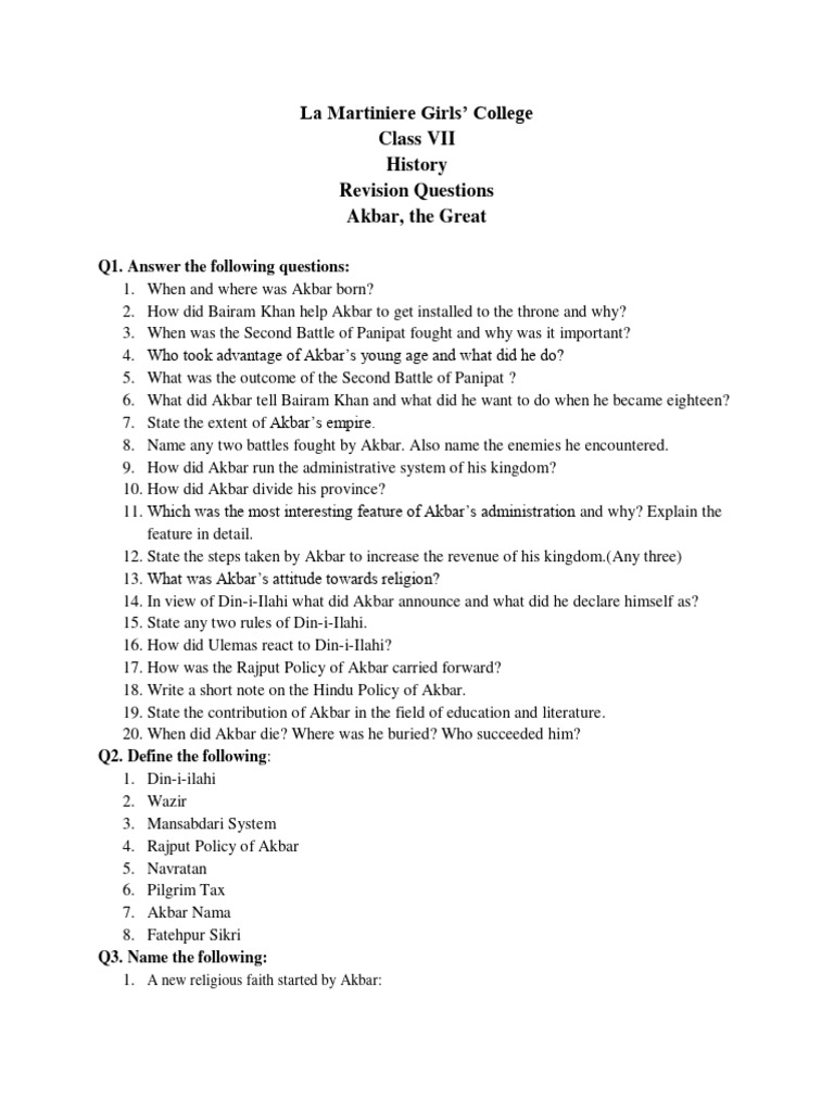 Revision Questions - Akbar, The Great | PDF | Mughal Empire | South Asia