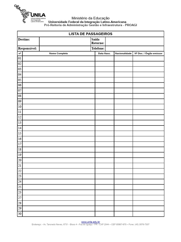 Modelo Lista de Passageiros | PDF