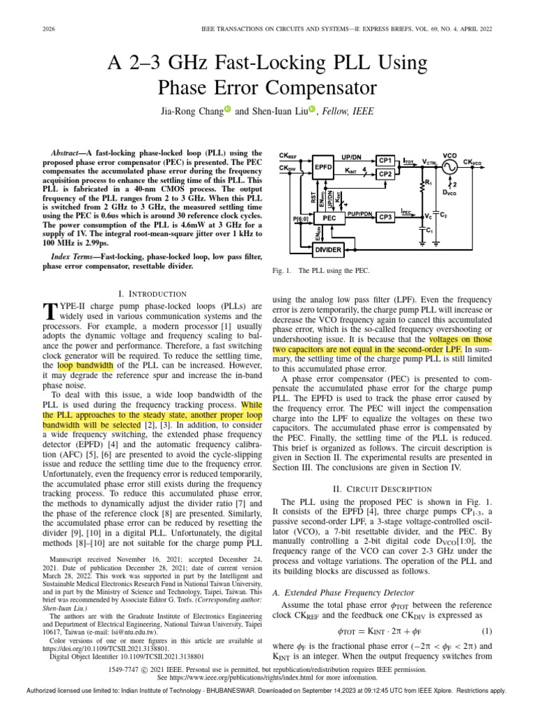 A 23 GHZ Fast-Locking PLL Using Phase Error Compensator | PDF | Electrical Circuits | Analog ...