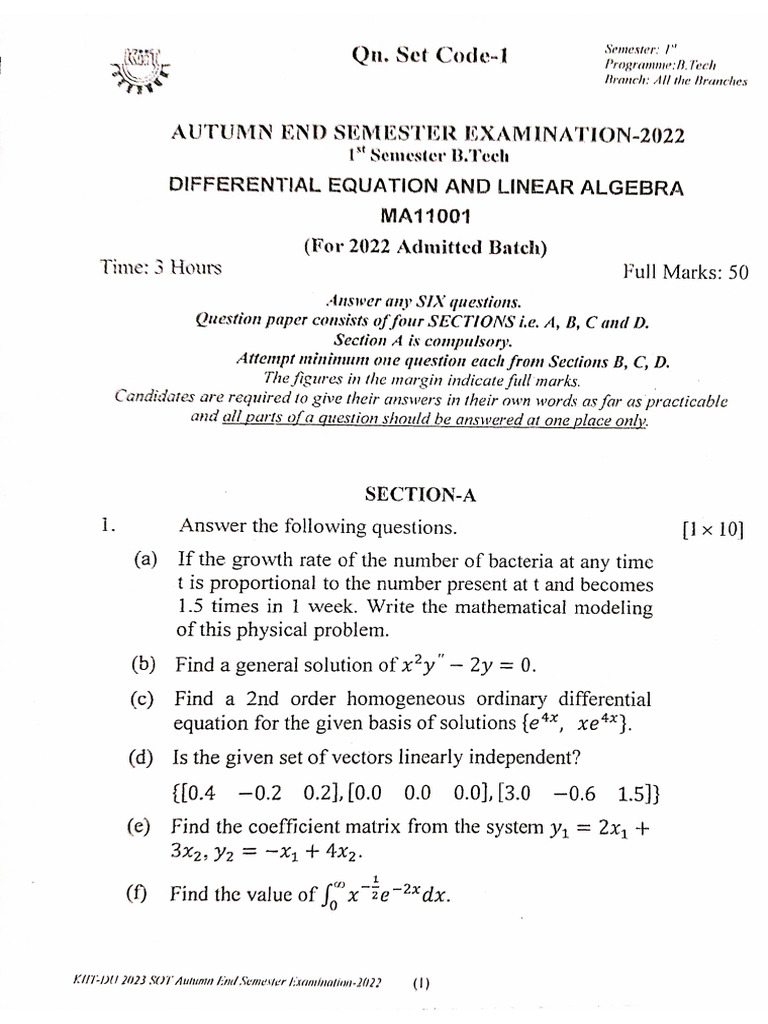 End Semester Question (DE & LA) - 2022 | PDF