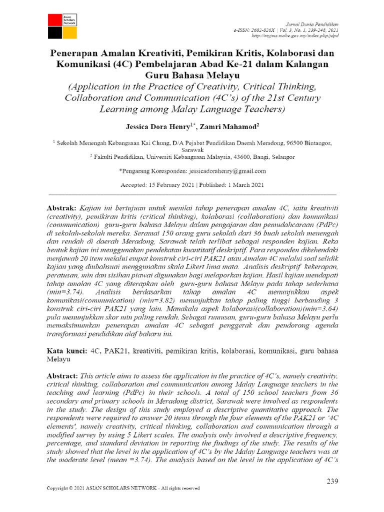 View of Penerapan Amalan Kreativiti, Pemikiran Kritis, Kolaborasi Dan Komunikasi (4C ...