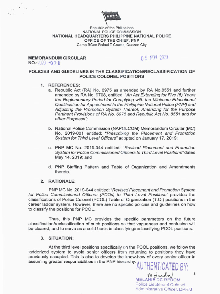 PNP Memorandum Circular No 2020 078 | PDF