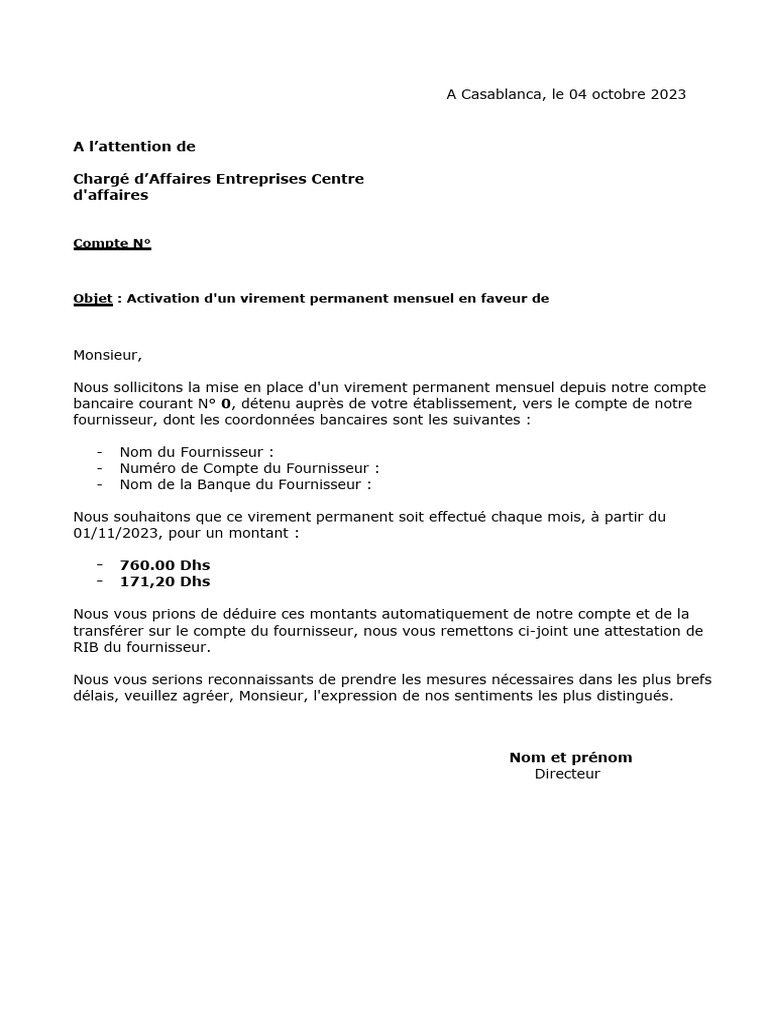 Demande de virement permanent mensuel | PDF | Affaires