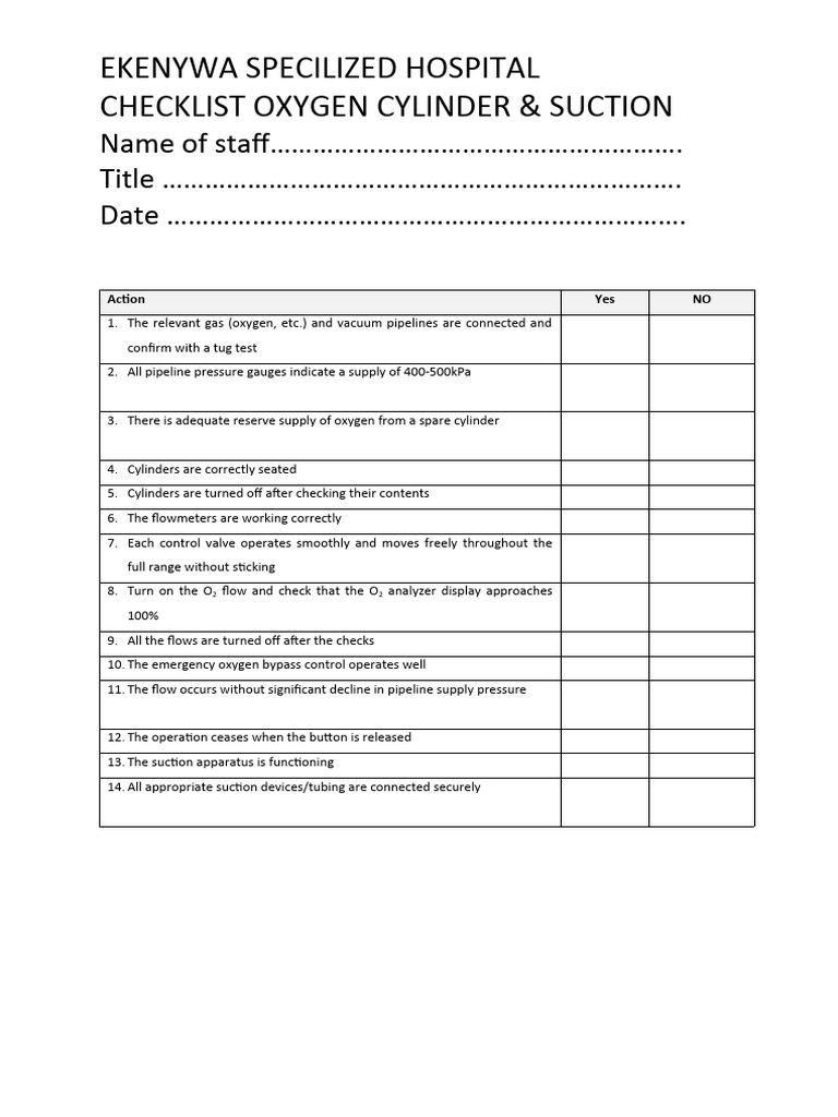 Checklist - Oxygen Cylinder and Suction - 20200511 | PDF
