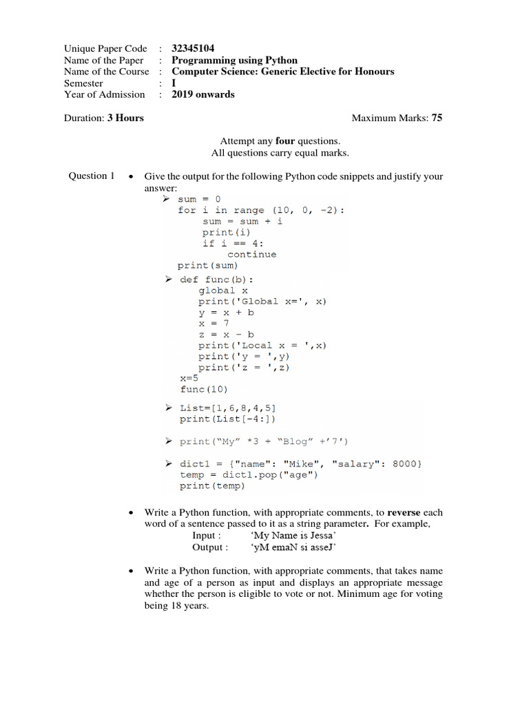 Python Programming Exam Questions | PDF