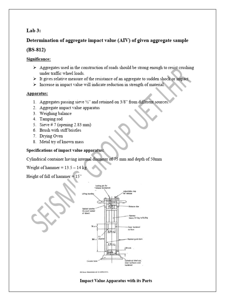 Determination of Aggregate Impact Value (AIV) of Given Aggregate Sample | PDF