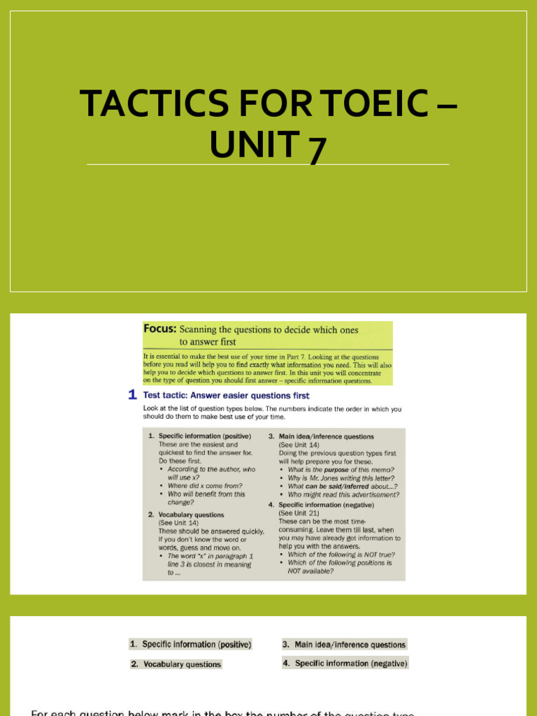 Tactics For TOEIC - Unit 7 | PDF
