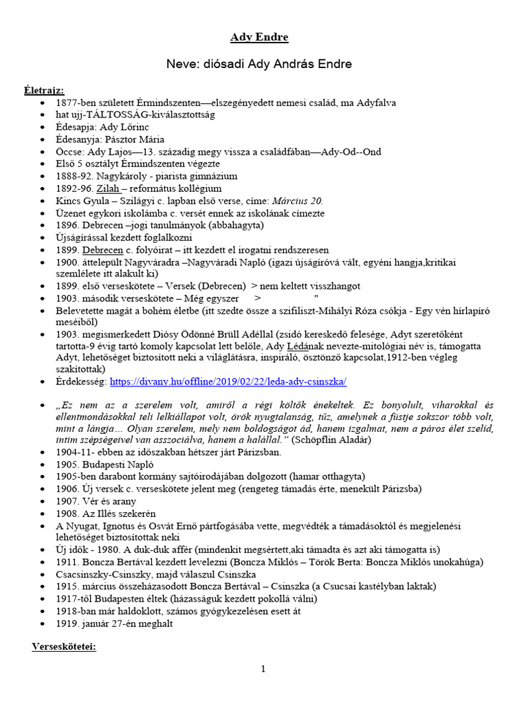 Ady - Ciklusainak Elemzése 1 | PDF