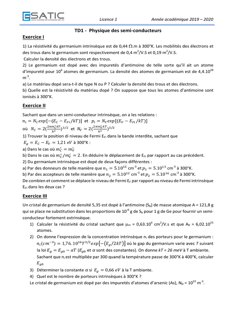 TD1 Physique Des SC | PDF