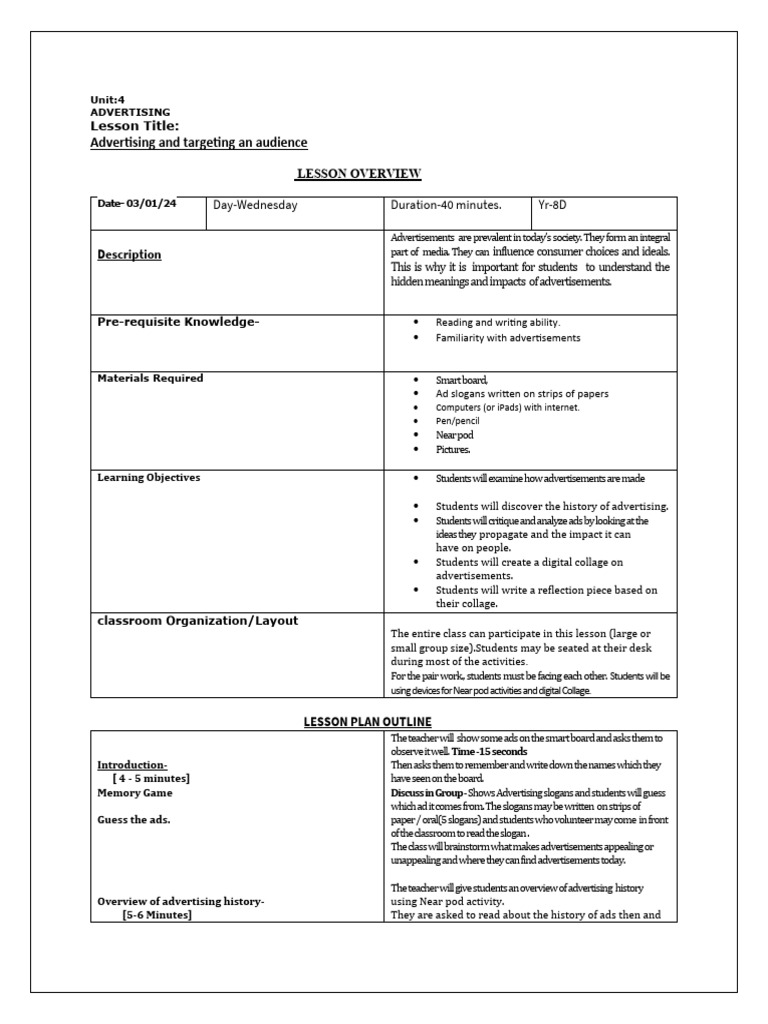 Advertisement Lesson Plan | PDF | Advertising | Classroom